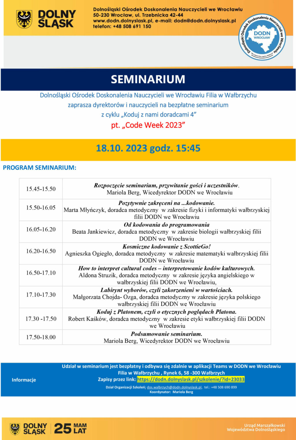 Bezpłatne seminarium z cyklu "Koduj z nami doradcami 4" pt. "Code Week 2023" - Dolnośląski ...